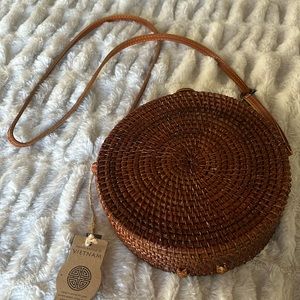 Hand Crafted | Bags | Round Wicker Purse Brown Leather Strap Tropical ...